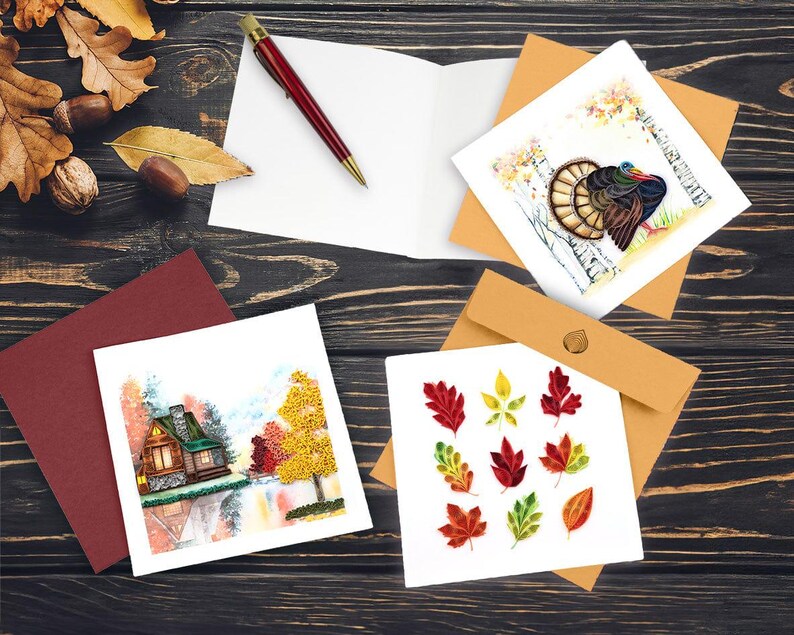 Quilled Fall Foliage Leaves Greeting Card – Handmade 3D Paper Art, Warm ...