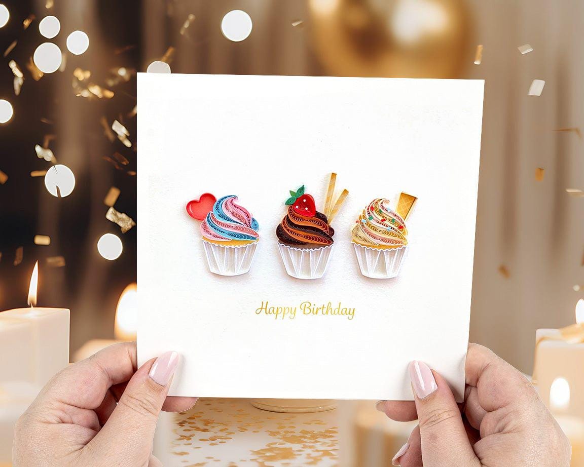 Quilled Birthday Cupcake Trio Greeting Card – Handmade Paper Art ...