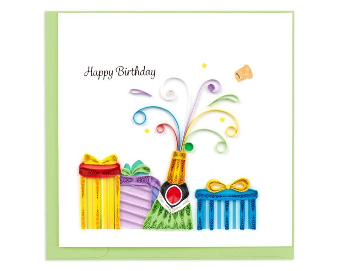 Happy Birthday Quilled Card, Champagne & Gifts, Handmade Paper Art Card ...