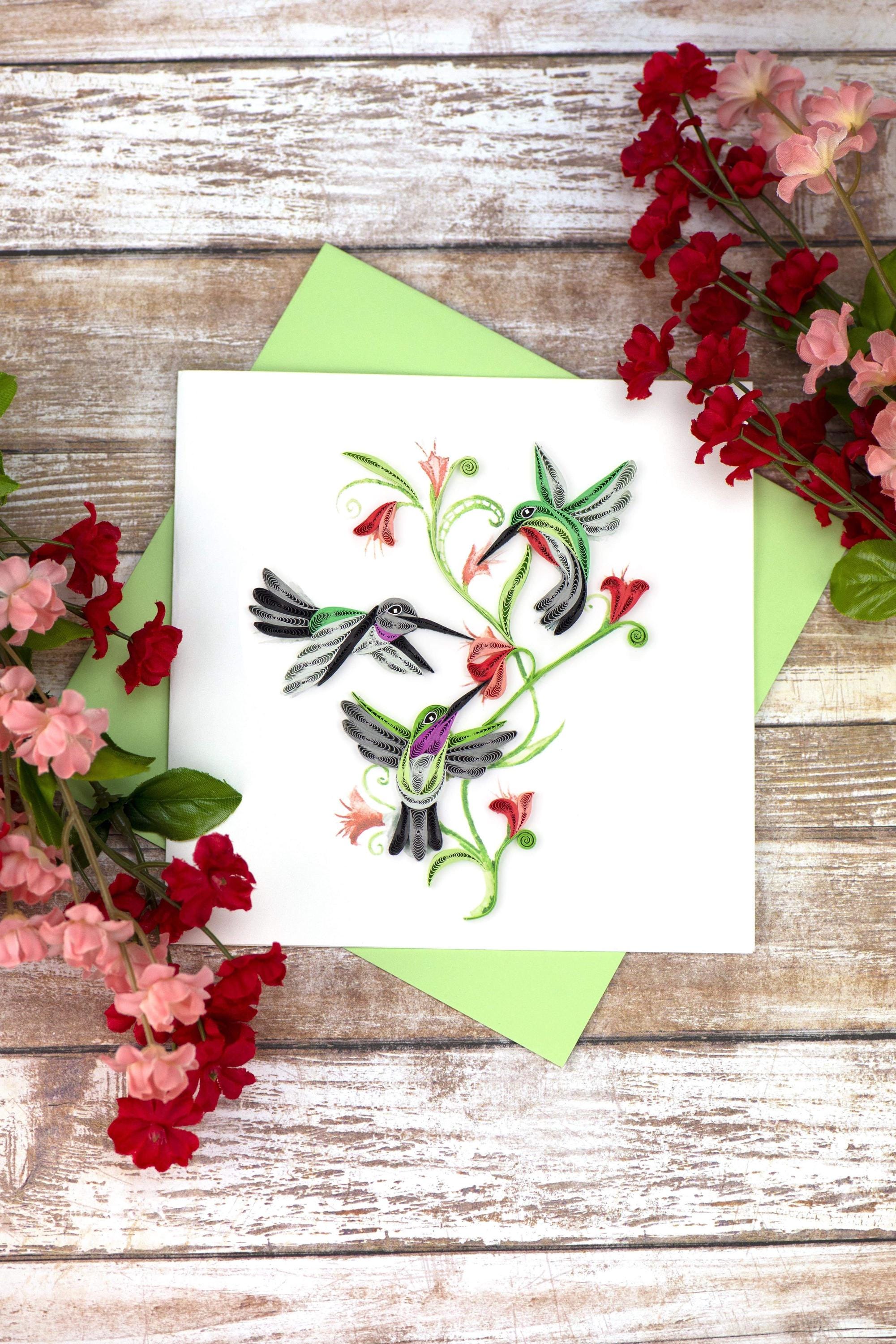 Quilled Hummingbird Trio Greeting Card – Handmade Vibrant Paper Art ...