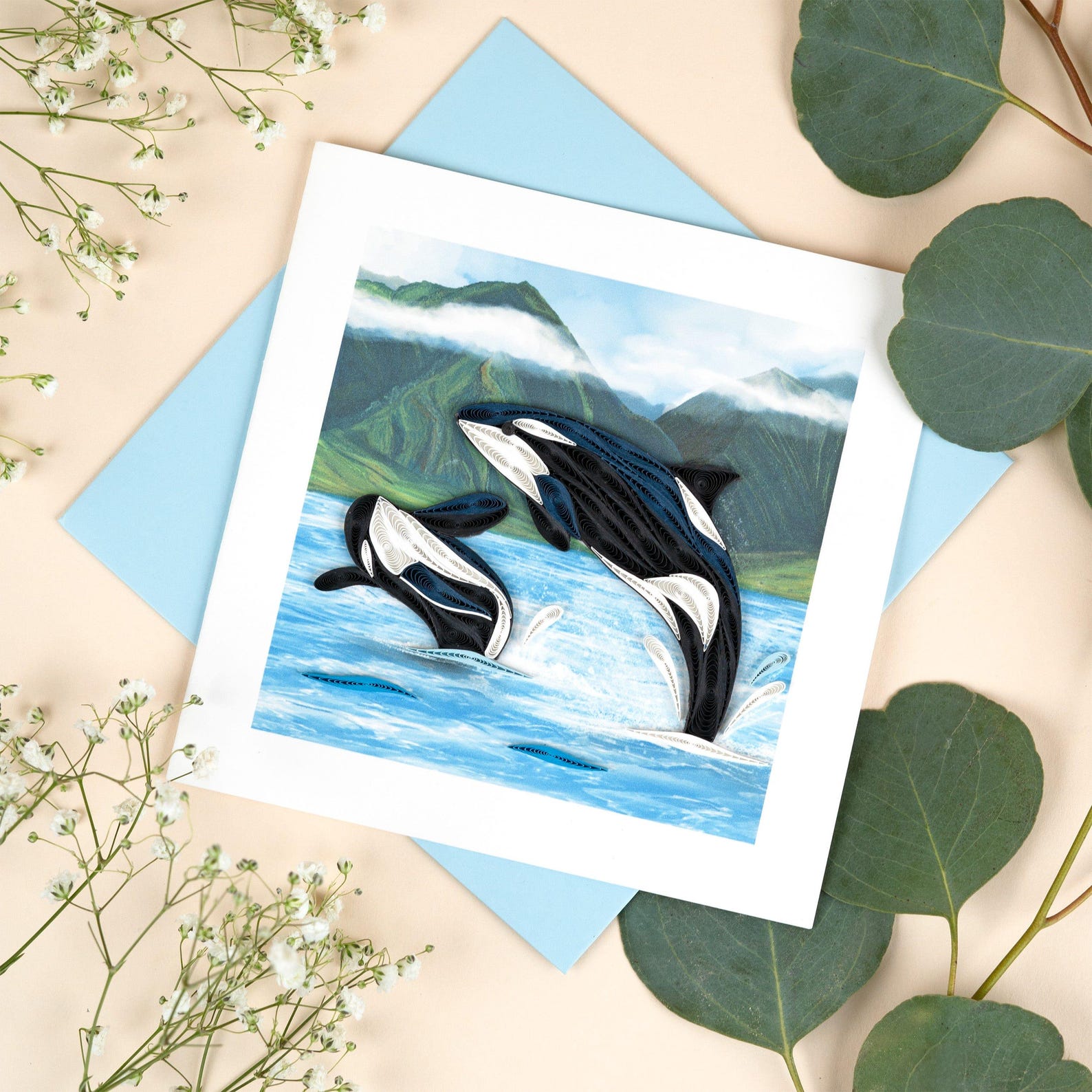 Quilled Orca Whales Greeting Card – Handmade 3D Paper Art, Majestic ...