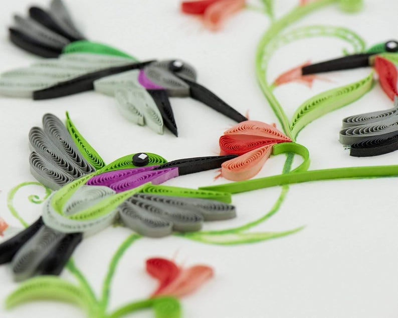 Quilled Hummingbird Trio Greeting Card – Handmade Vibrant Paper Art ...