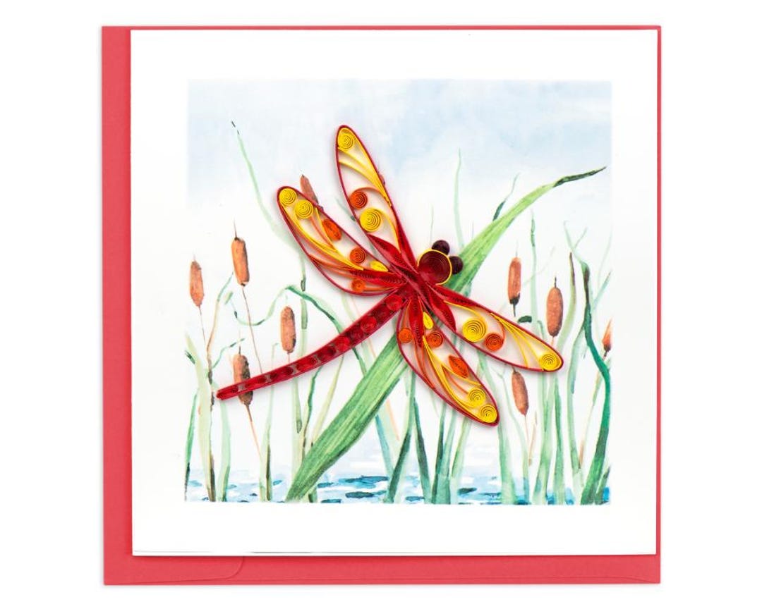 Quilled Red Dragonfly & Cattails Greeting Card – Handmade 3D Paper Art ...