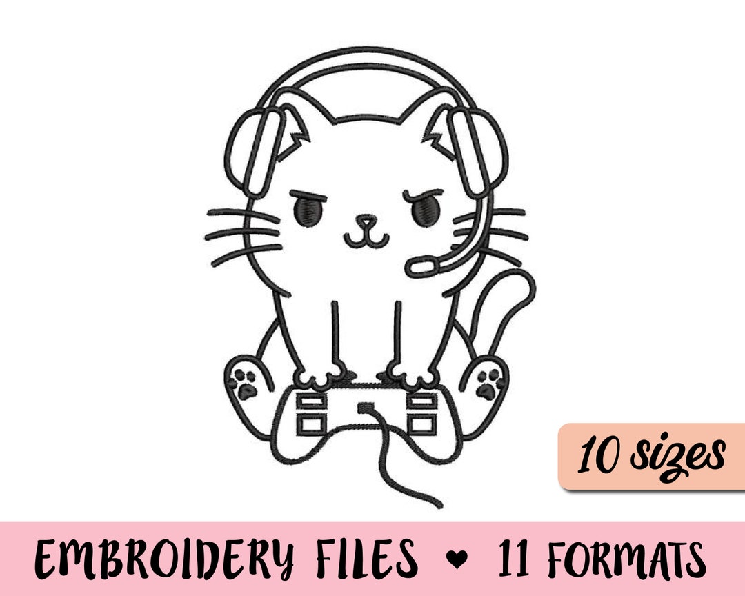 Gamer Cat Embroidery File - 10 Sizes - Funny Cat Embroidery Machine ...