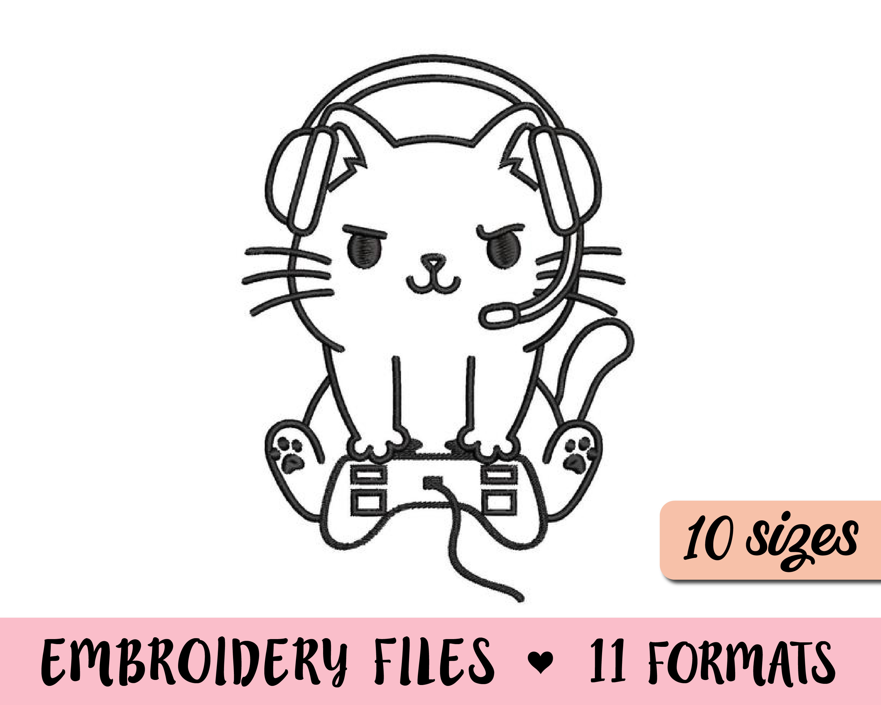 Gamer Cat Embroidery File 10 Sizes Funny Cat Embroidery | Etsy