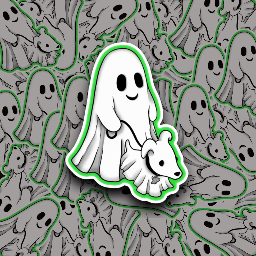 Cute Ghost Walking a Ghost Dog Sticker, Viral, Spooky Halloween Holiday ...