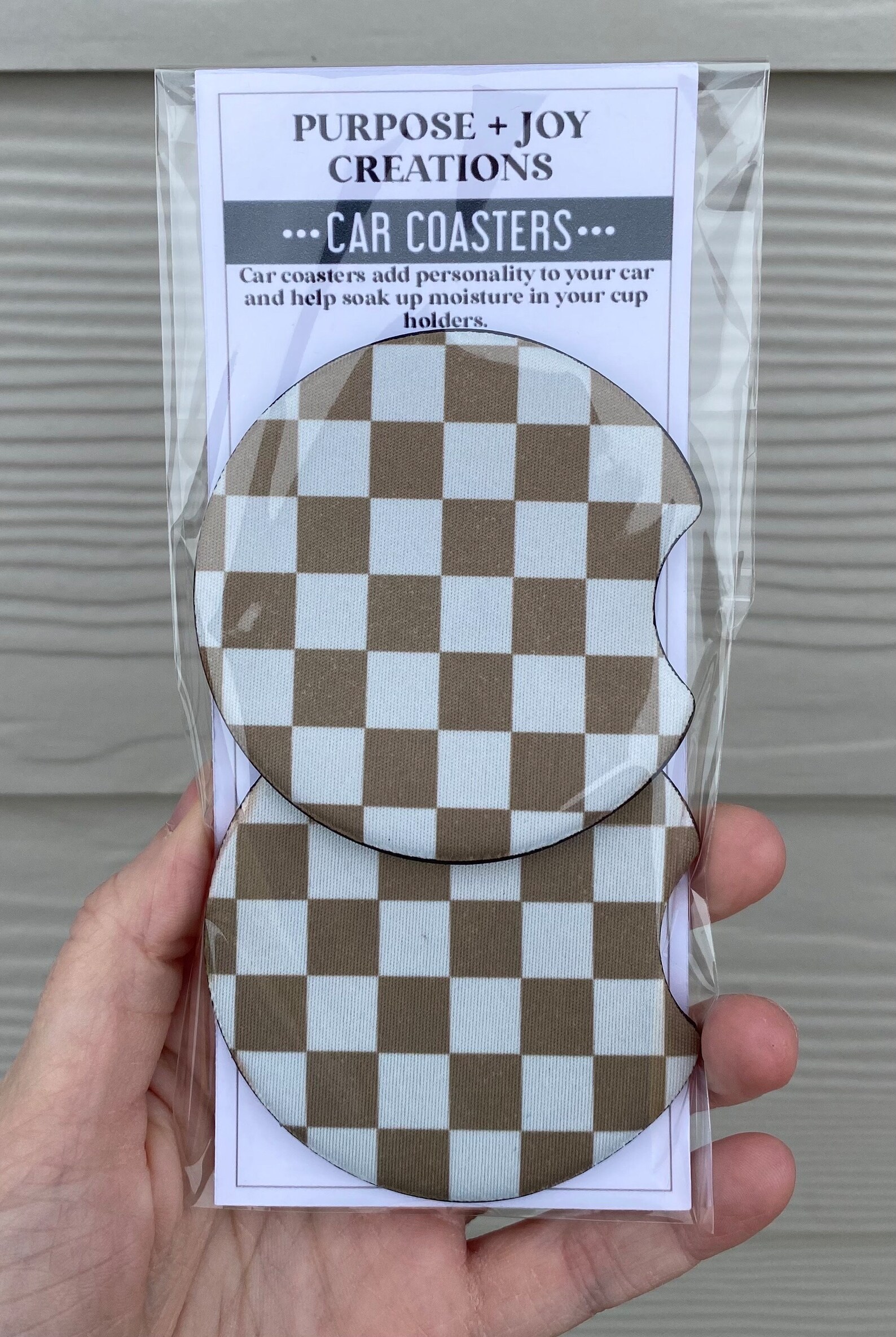 Tan Checkered Car Coaster Car Accessory Car Coaster Gifts Cup Holder ...