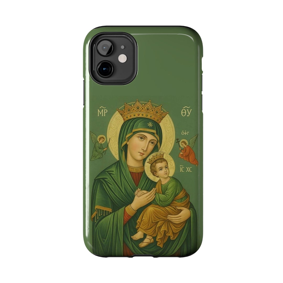 Virgin Mary Icon Phone Case | Christian Art, Green Background - Etsy