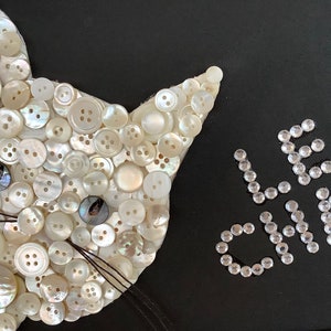 White Cat Framed Button Art Button Mosaic Peeping Cat Wall Art French ...