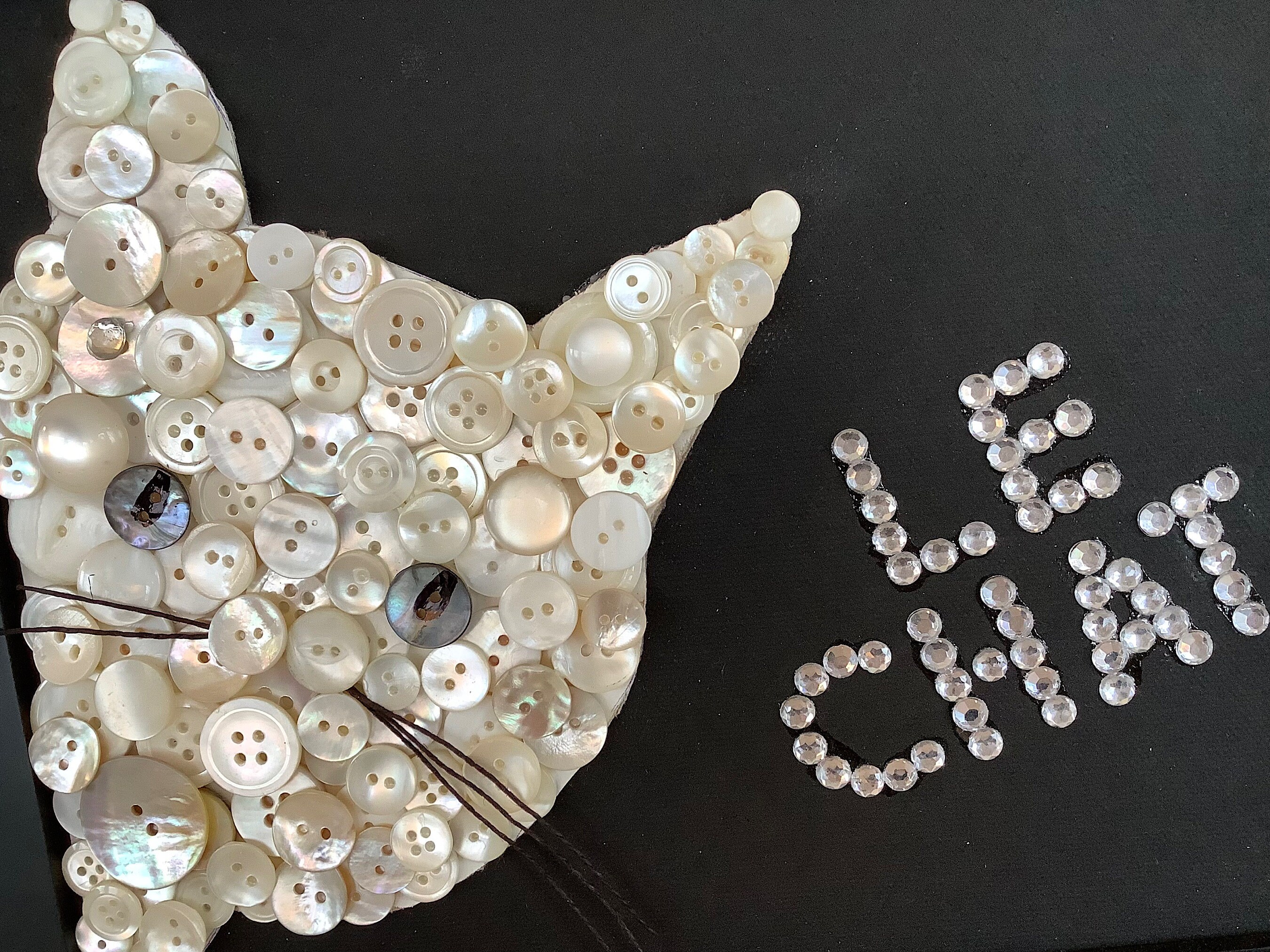 White Cat Framed Button Art Button Mosaic Peeping Cat Wall Art French ...