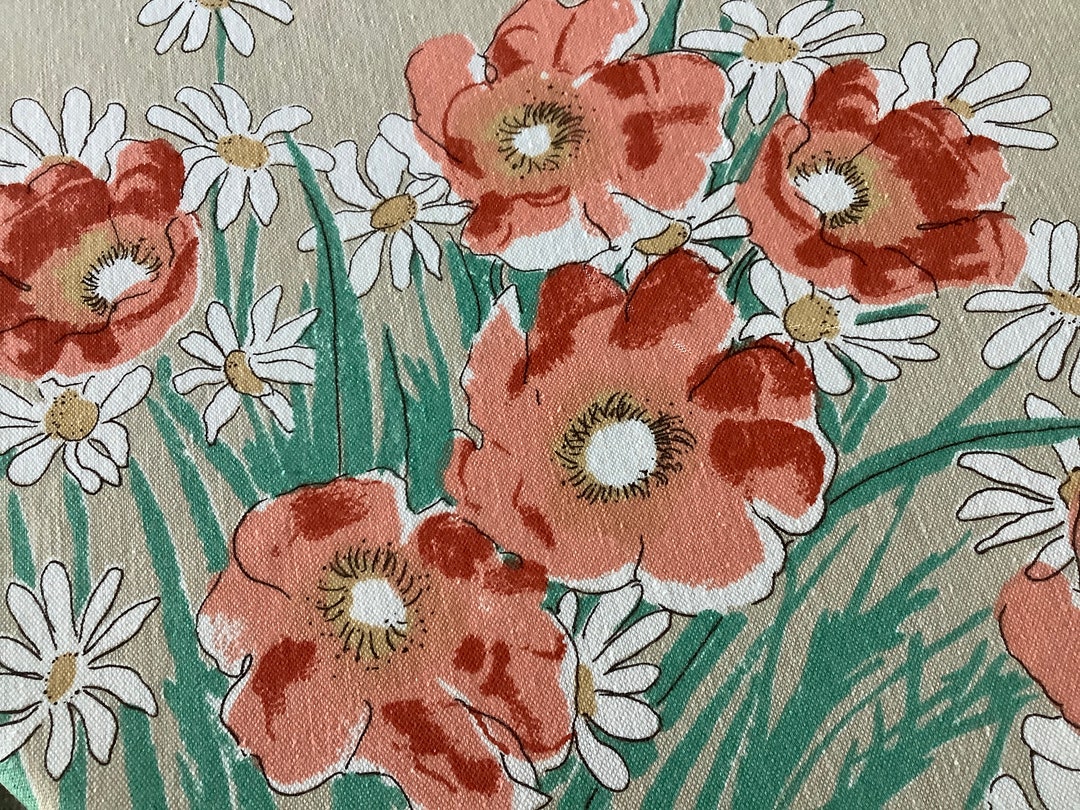 Vintage VERA Neumann Tablecloth Poppies Daisies Spring Flowers Orange ...
