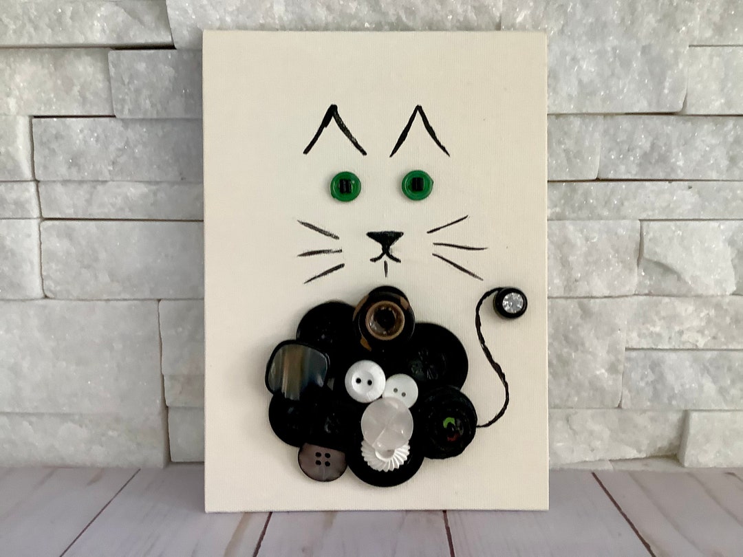 Black Cat Button Art: Whimsical Kitty Halloween Decor (5x7) - Etsy
