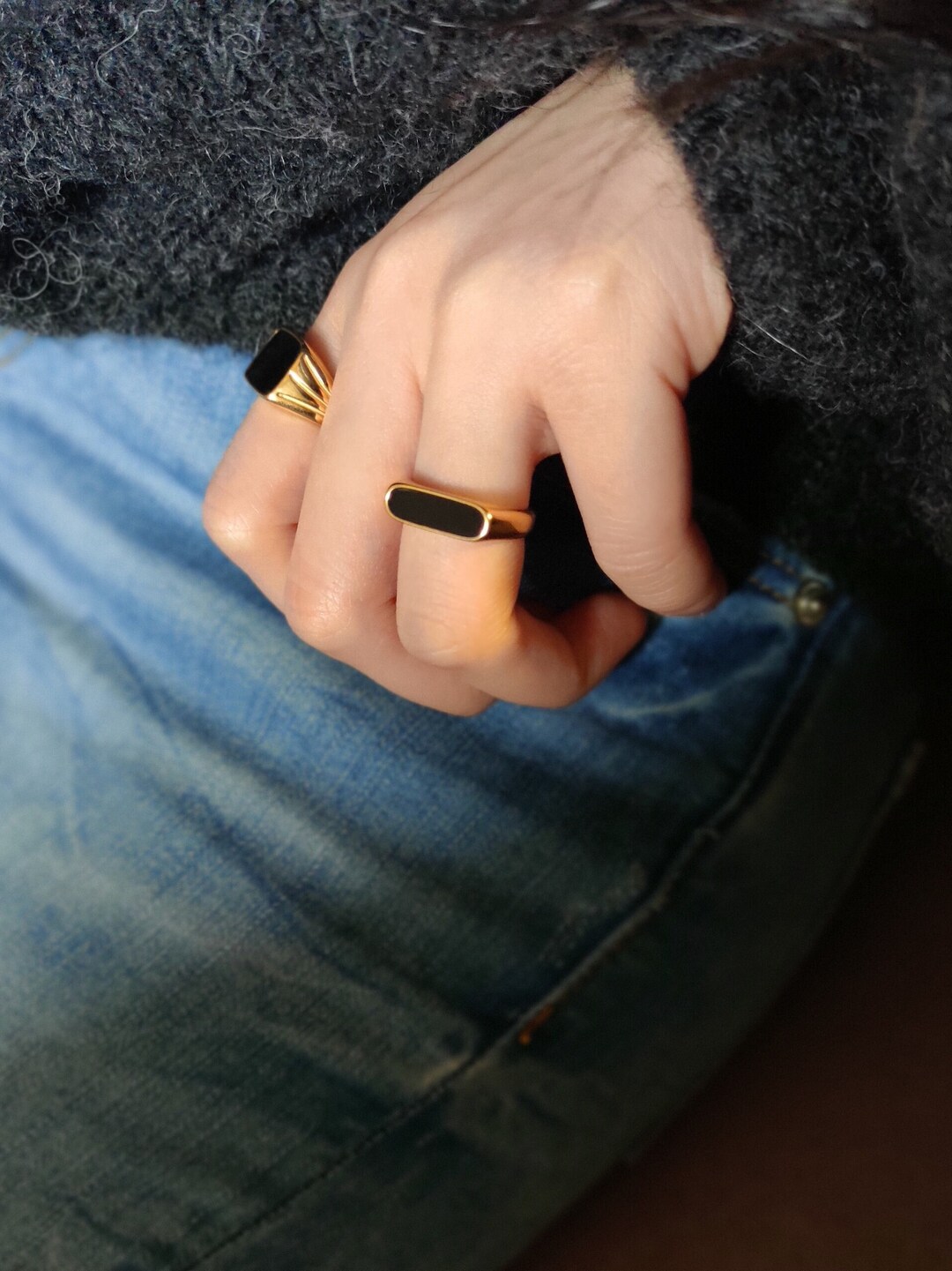 Black Stone Gold Ring, Bold Dome Ring, Wide Band Ring, Delicate Stone ...