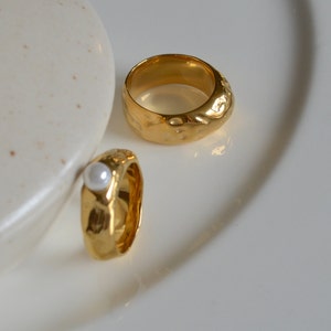 Gold Hammered Ring, Handmade Jewelry, Pearl Ring, Uneven Ring, Knobbly ...