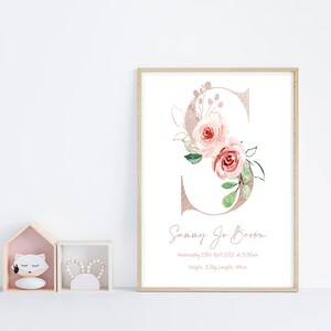 Floral Letter Birth Print, Girls Birth Print, Birth Print, Girls ...