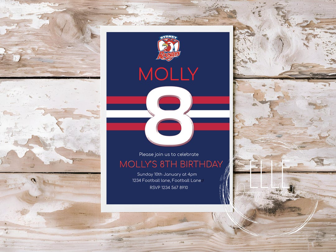 Custom NRL Birthday Invitation, Sydney Roosters, NRL Birthday Invite ...