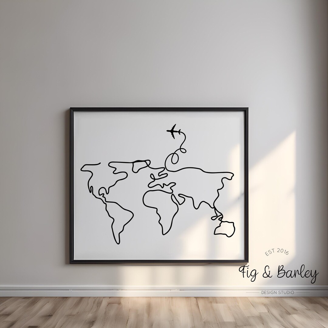 World Map Line Art One Line Drawing With Airplane, Black White, Print ...