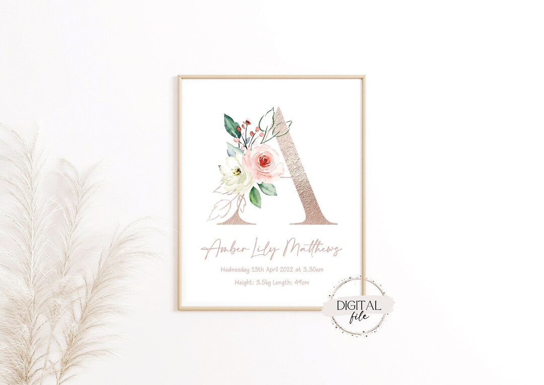 Floral Letter Birth Print, Girls Birth Print, Birth Print, Girls ...