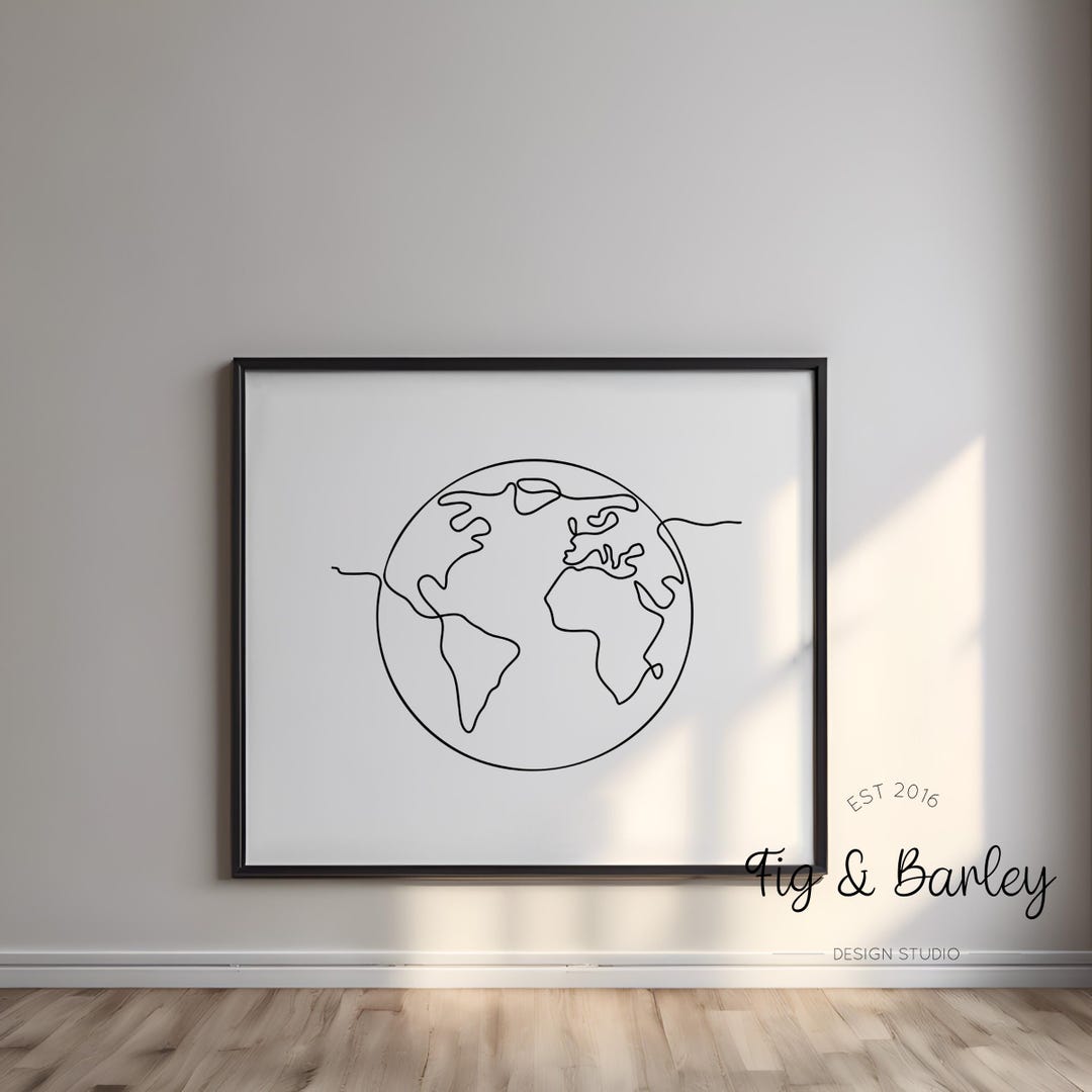 World Map Line Art One Line Drawing , Black White, Print Poster, Print ...