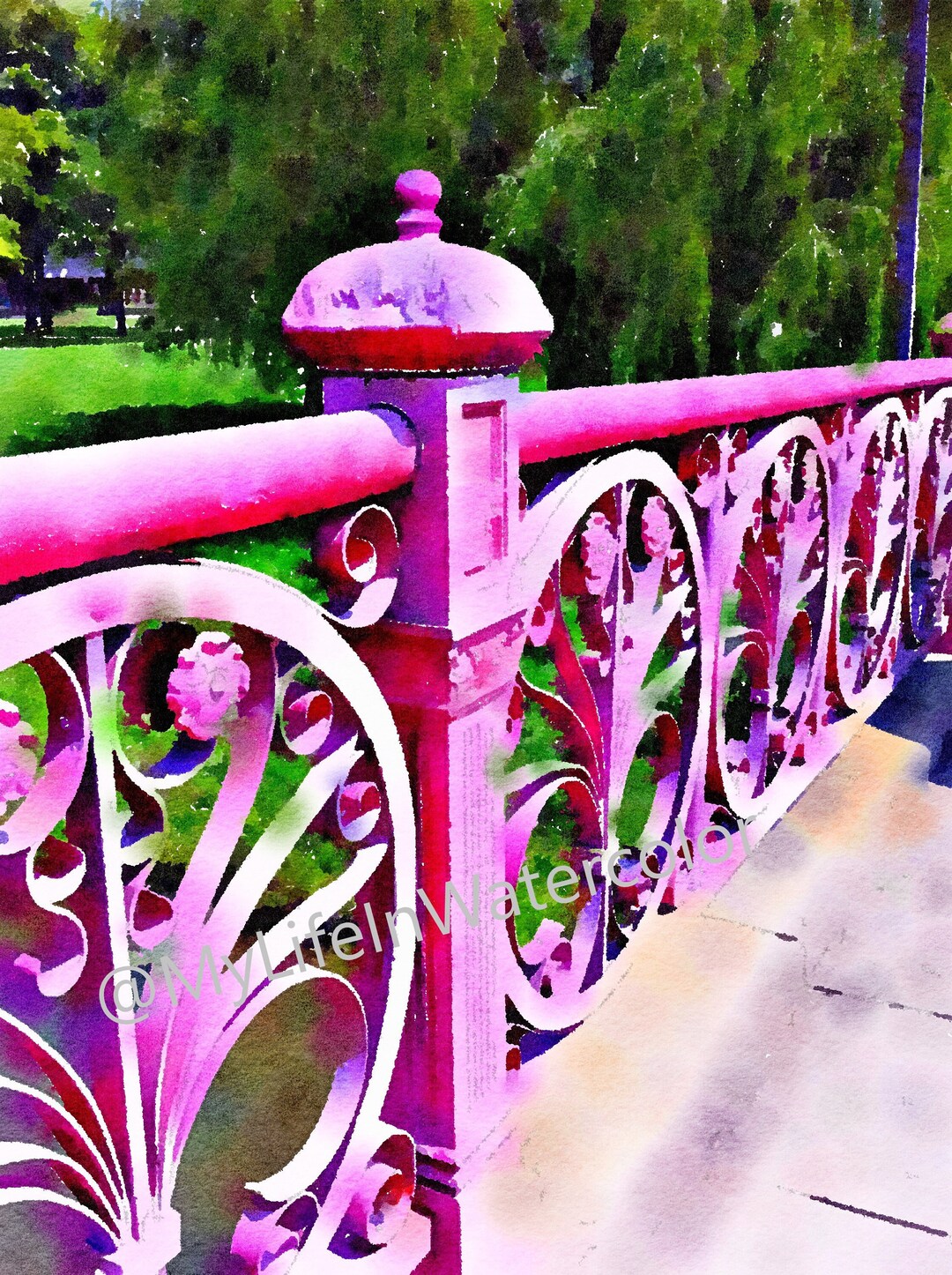 Pink Railing Watercolor Photo Belle Isle Detroit Vibrant - Etsy