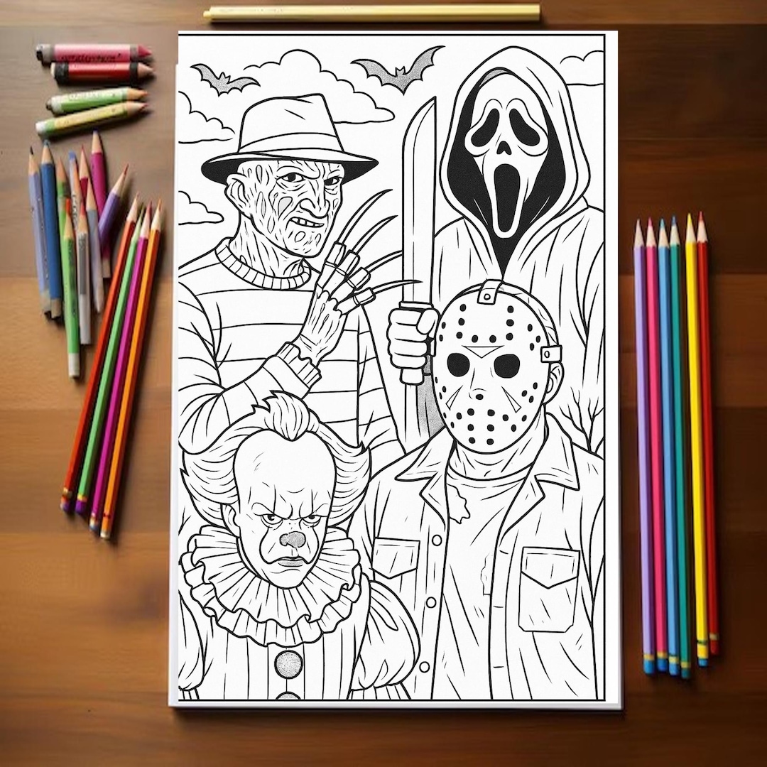 Horror Coloring Pages for Adults, Horror Movie Icons Coloring Book ...