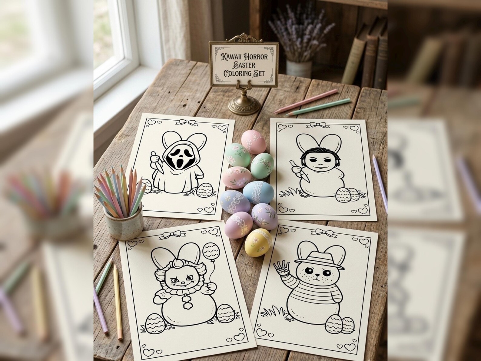Kawaii Horror Easter Coloring Pages, Chibi Slasher Easter Eggs Digital ...