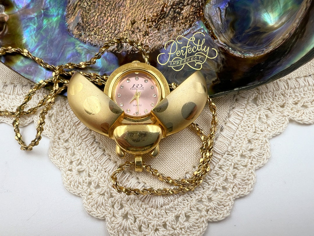 80s Ladybeetle Pretty Gold Pendant Watch With Opening Wings Battery ...