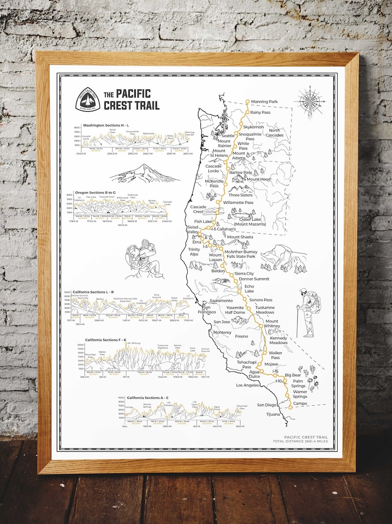 Pacific Crest Trail Map, PCT Illustrated Map, Gift for Hikers, PCT ...
