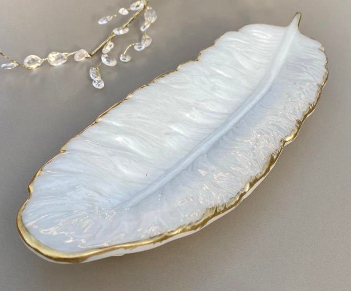Golden and White Trinket Dish Feather Trinket Dish Jewelry - Etsy