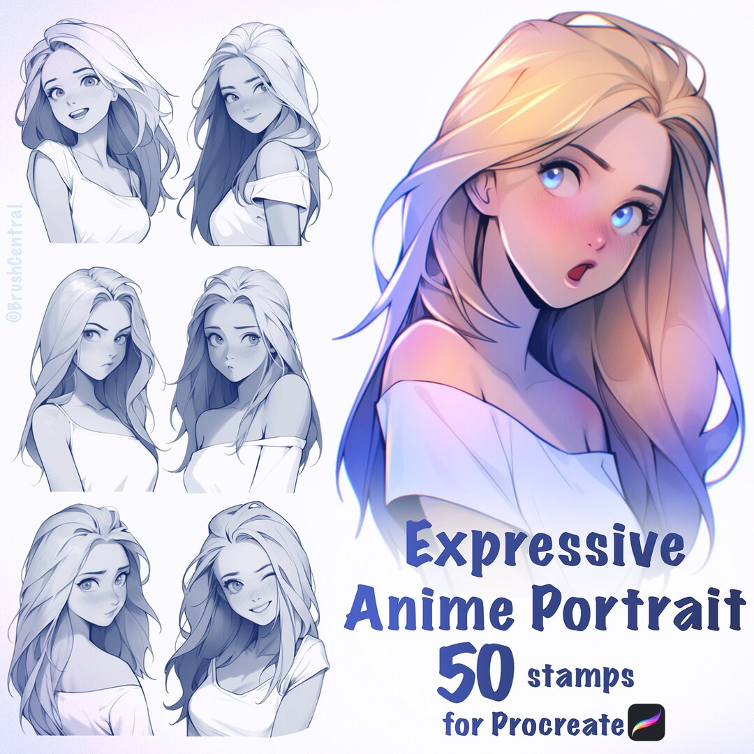 Anime Portrait Stamps for Procreate - Cute Female Facial Expressions - Etsy
