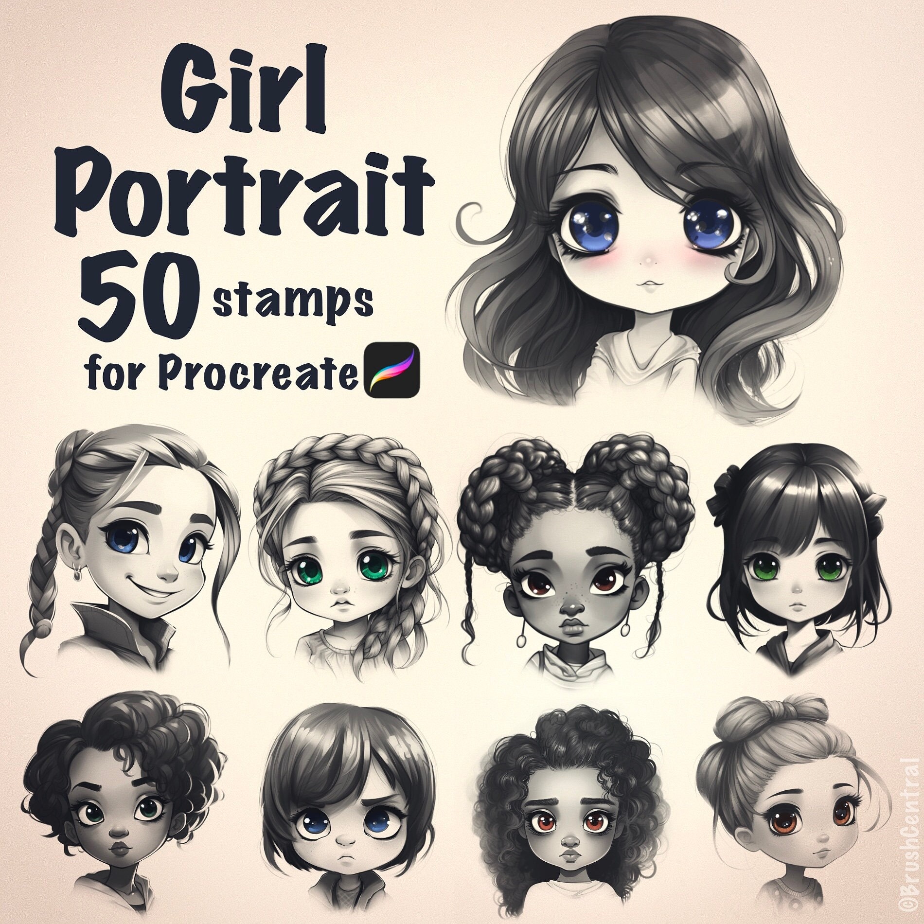 Portrait Stamps for Procreate Girl Female Faces Cute - Etsy