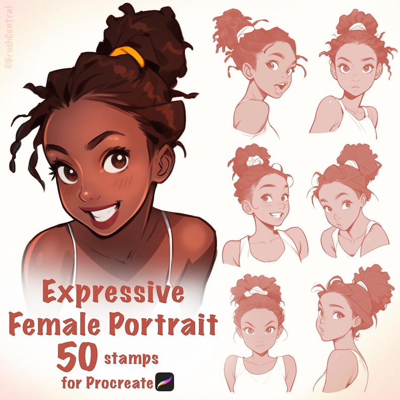 Expressive Portrait Stamps For Procreate Cute Female Facial Expressions Etsy Uk 