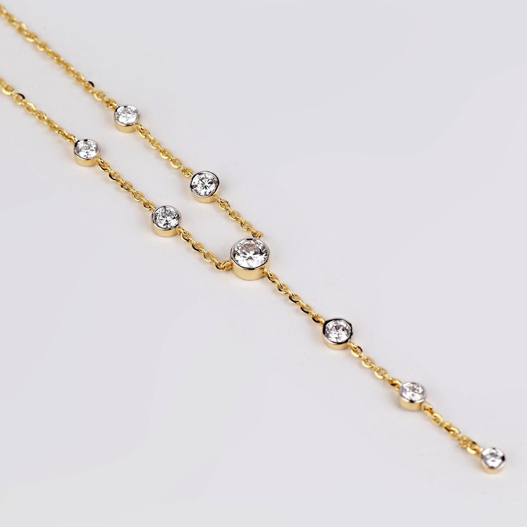 14K Gold Lab Diamond Station Necklace: Minimalist Bezel Set Jewelry - Etsy