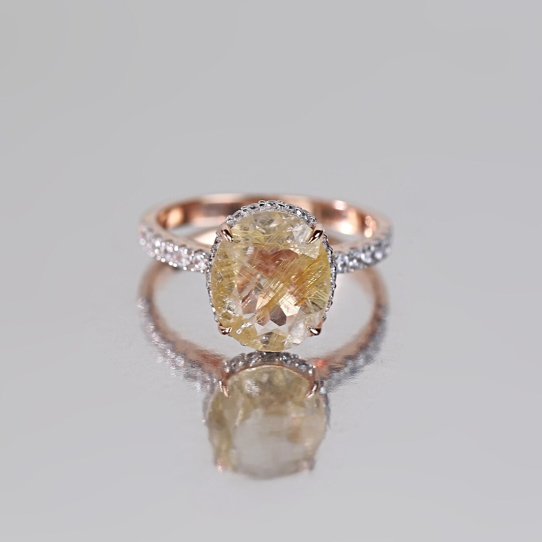Rutile Quartz Engagement Ring: Rose Gold Diamond Band, Hidden Halo - Etsy