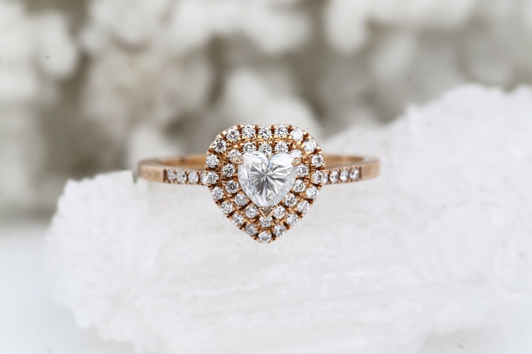 White Heart Diamond Engagement Ring ! Double Halo Engagement Ring ! 14K ...