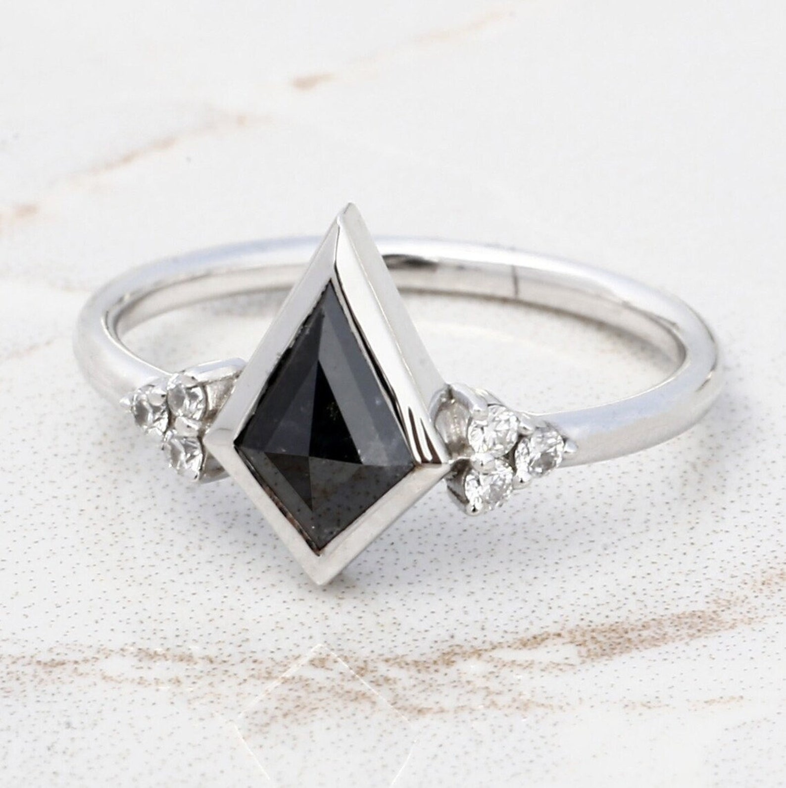 Kite Diamond Engagement Ring Set ! 14k White Gold Black Diamond Unique ...