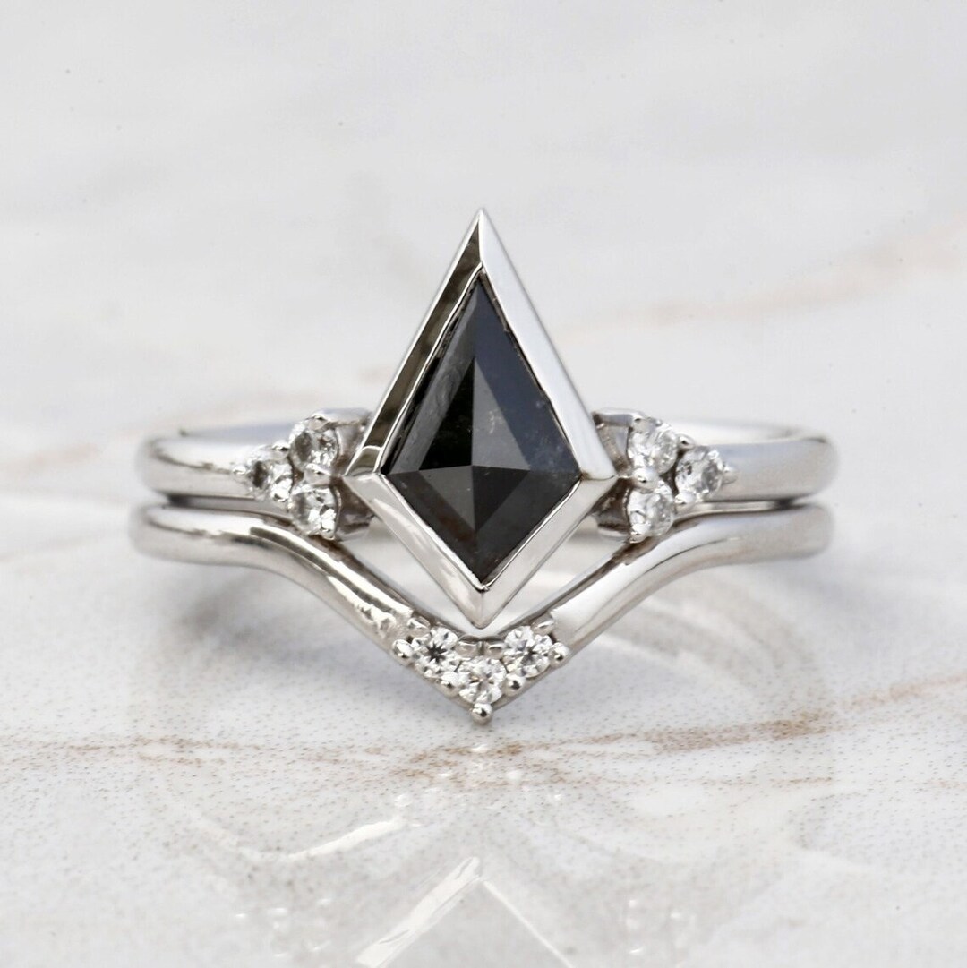 Kite Diamond Engagement Ring Set ! 14k White Gold Black Diamond Unique ...