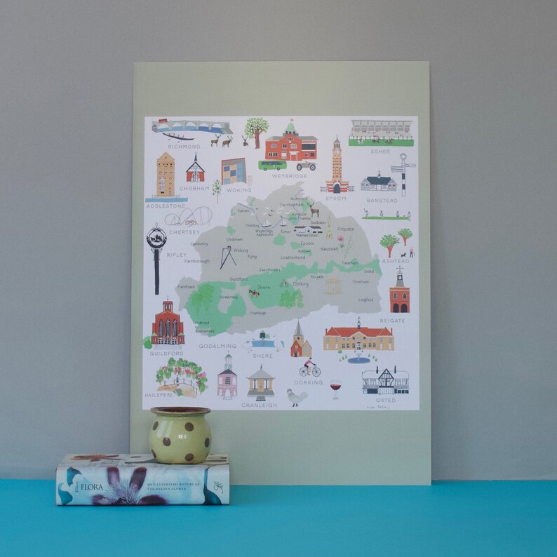 Surrey Map A3 Poster, Surrey Hills, Dorking, Shere, Ripley, Weybridge ...