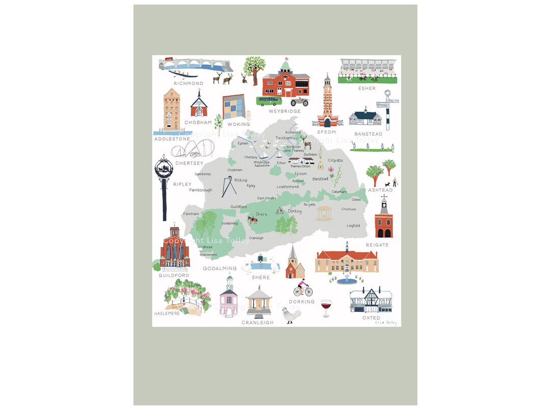 Surrey Map A3 Poster, Surrey Hills, Dorking, Shere, Ripley, Weybridge ...
