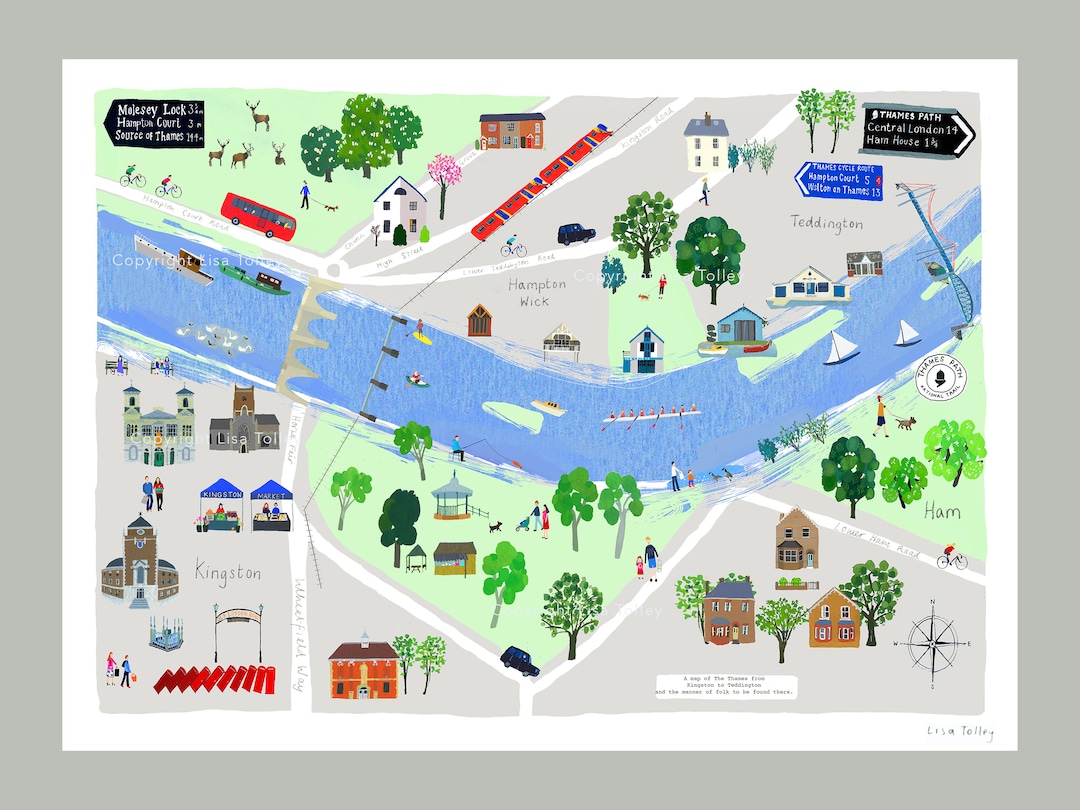 Kingston to Teddington Print , the Thames, Hampton Wick, Kingston Upon ...
