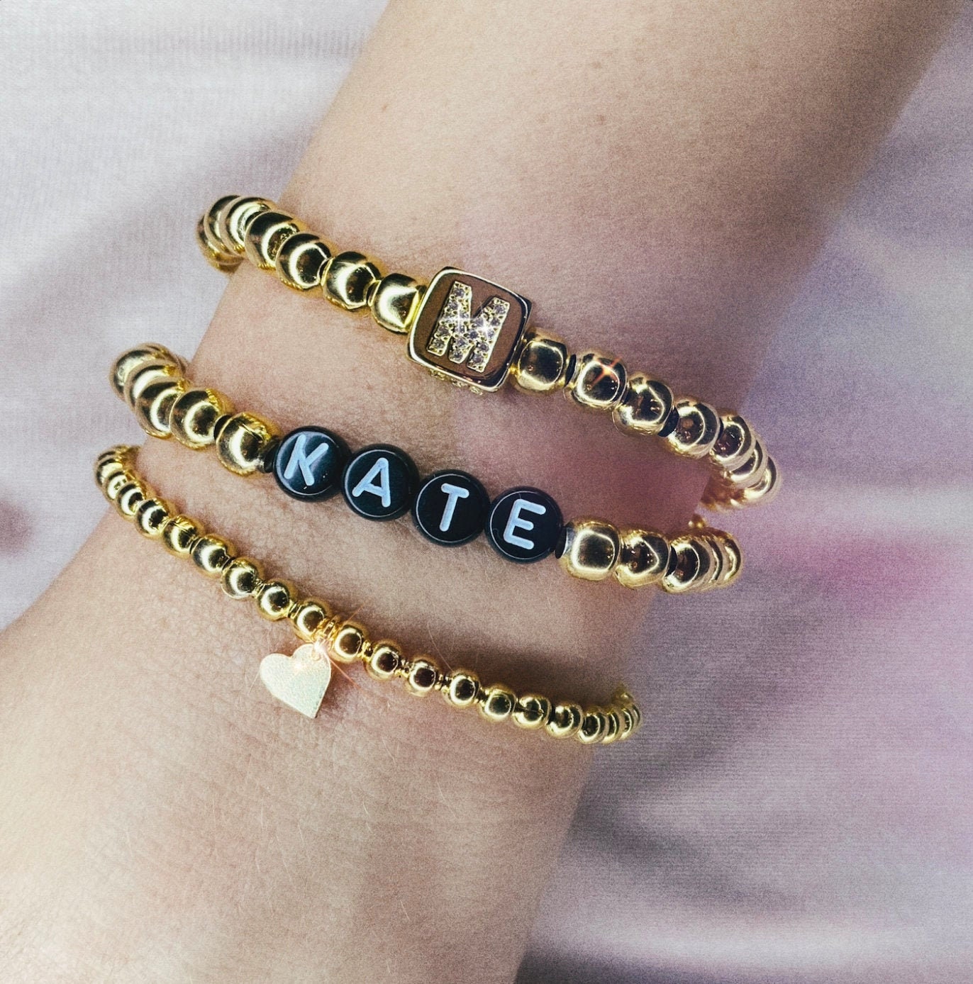 Personalized Gold Beaded Bracelet Stack - Etsy
