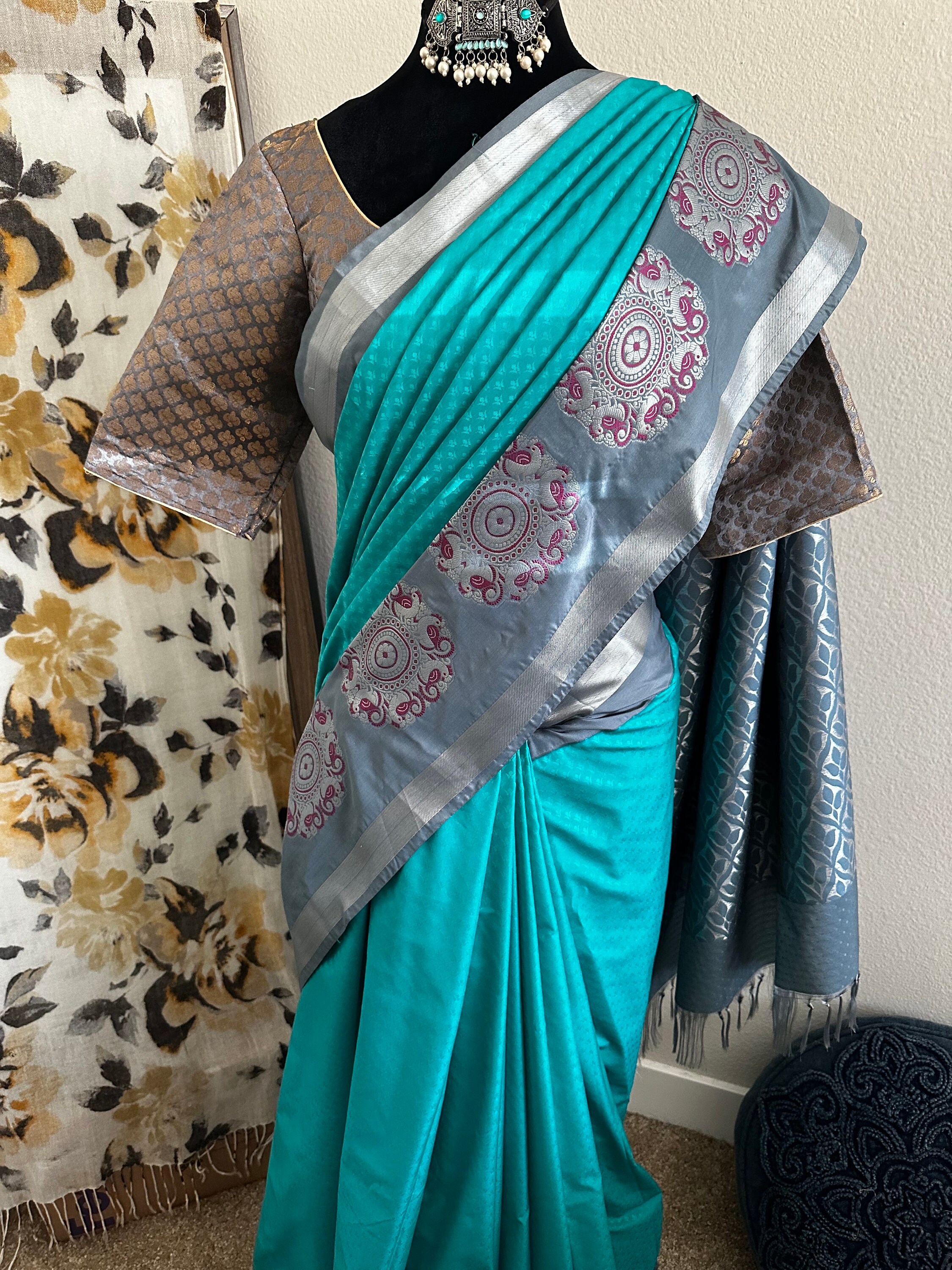 Teal Blue & Silver Peacock Zari Banarasi Saree Fall and Pico Done Trendy Saree Ships From CA - Etsy