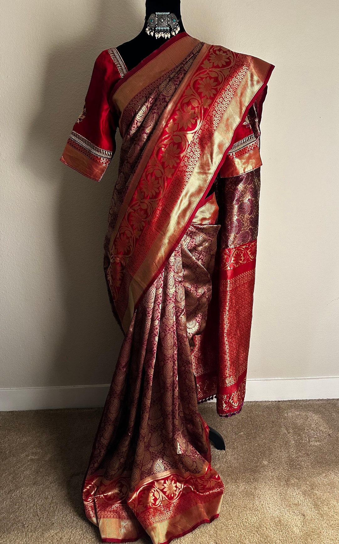 Tricolor Magenta and Red Color Brocade Banarasi Silk Saree With Katori ...