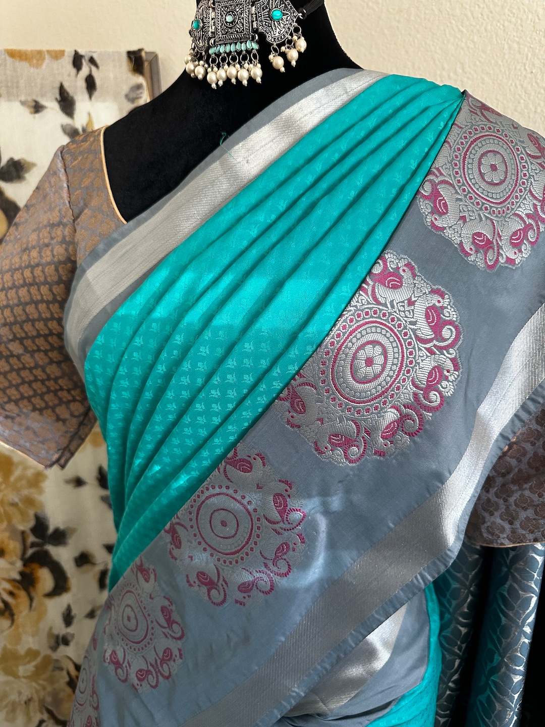 Teal Blue & Silver Peacock Zari Banarasi Saree Fall and Pico Done ...