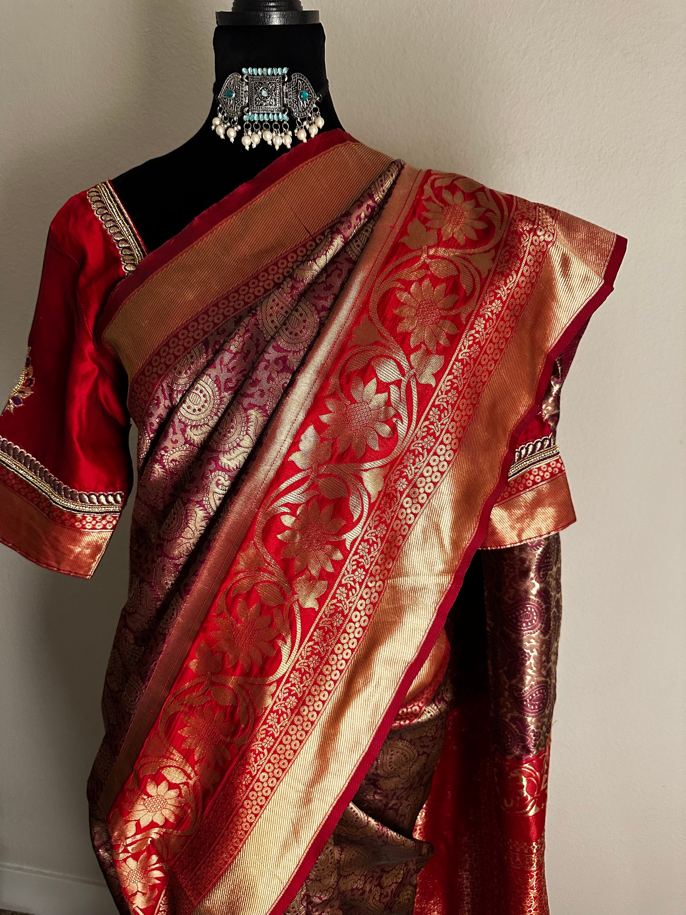 Tricolor Magenta and Red Color Brocade Banarasi Silk Saree With Katori ...
