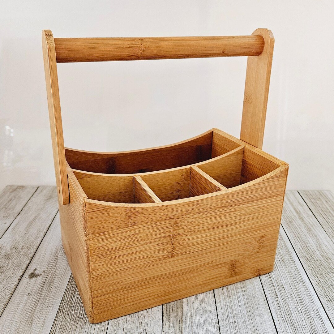 Bamboo Multi-slotted Flatware Utensil Cutlery Caddy With Attached ...