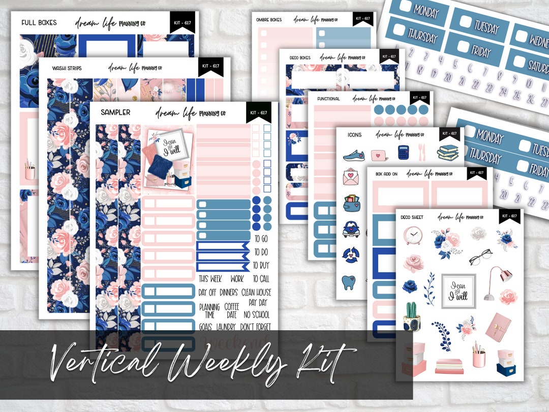 Pink and Blue Rose Themed Weekly Planner Sticker Kit, Pink & Blue ...
