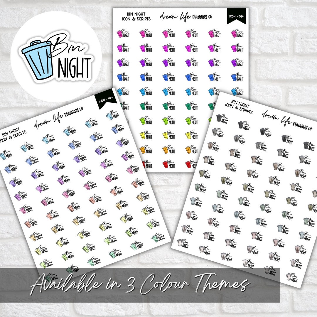 Bin Night Doodle Icon Planner Stickers, Bin Night Script Planner ...