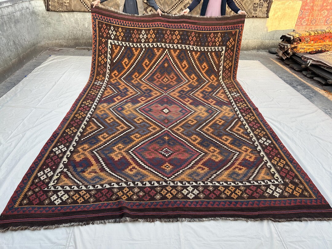 Antique 1950s Turkmen Flat Weave Kilim Rug 9x13 Ft Afghan Tribal Large ...