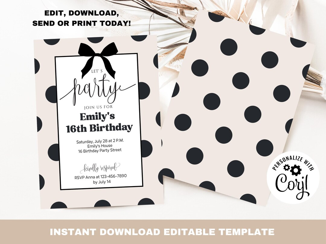 Editable Black Polka Dot Party Invitation | Sophisticated Chic Invite ...